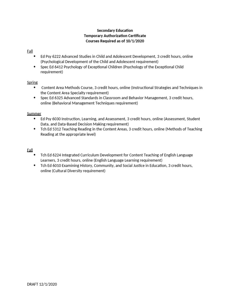 TAC Secondary Education Course Requirements as of Fall 2020 | PDF