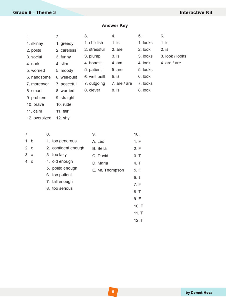 Grade 9 Theme 3 Answer Key Guide | PDF