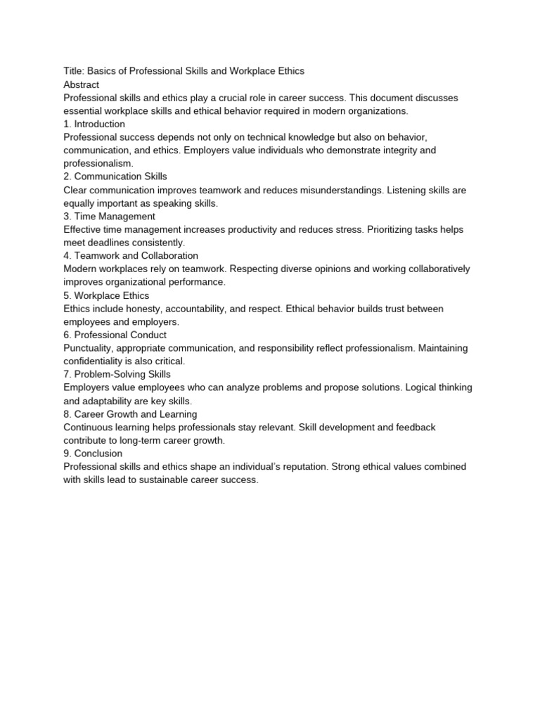 Basics of Professional Skills and Workplace Ethics | PDF