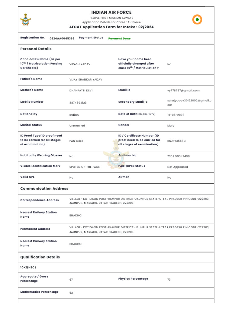 AFCAT 2024 Application Details | PDF