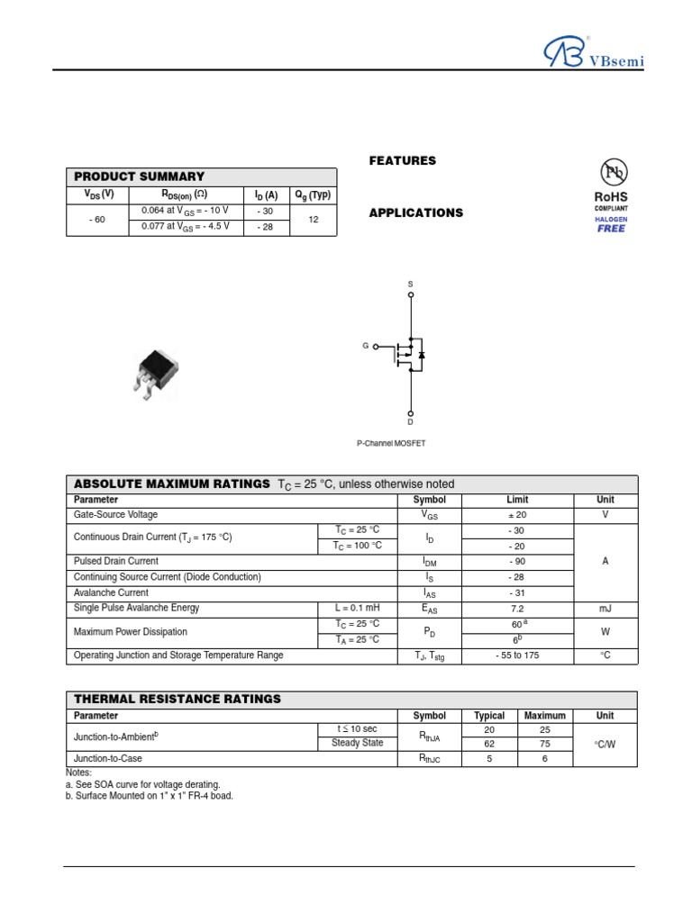 08P06P-VB TO263 | PDF | Field Effect Transistor | Electronic Engineering