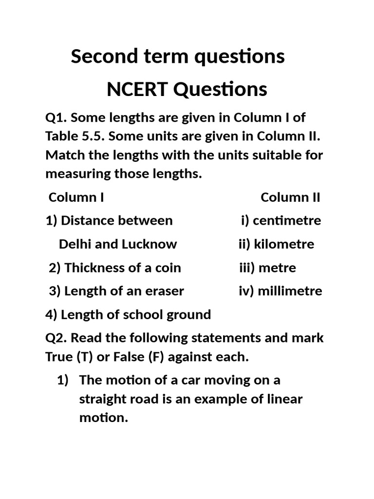 2nd Term Questions Class 6th | PDF | Length | Units Of Measurement