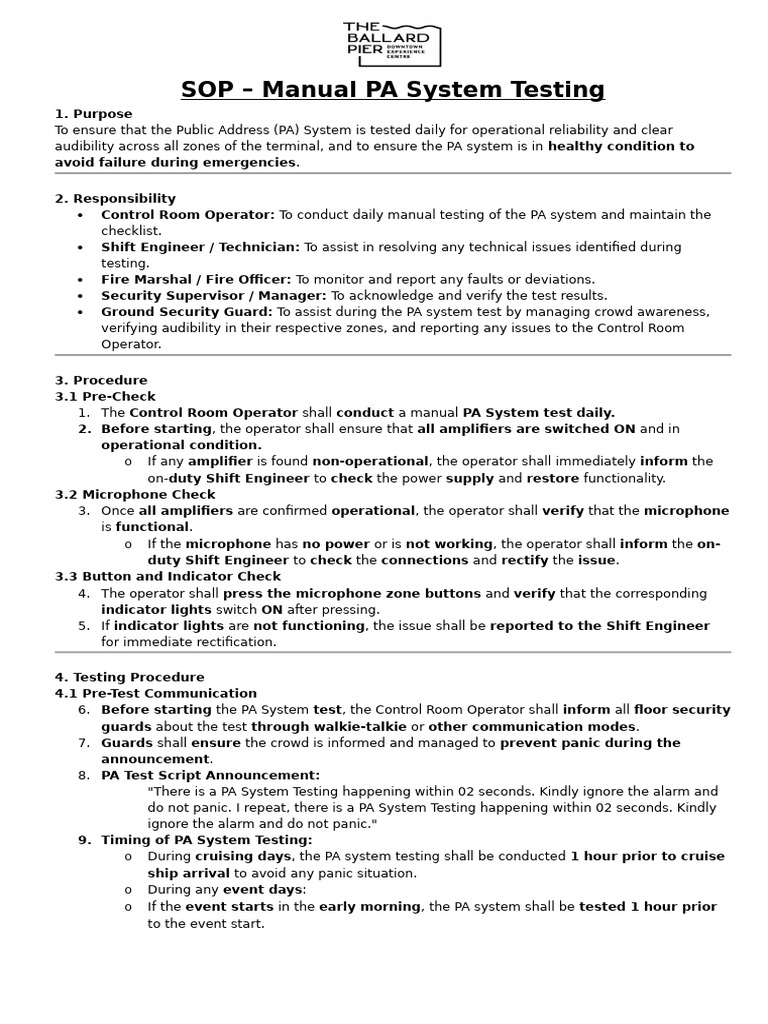 Daily PA System Testing SOP | PDF