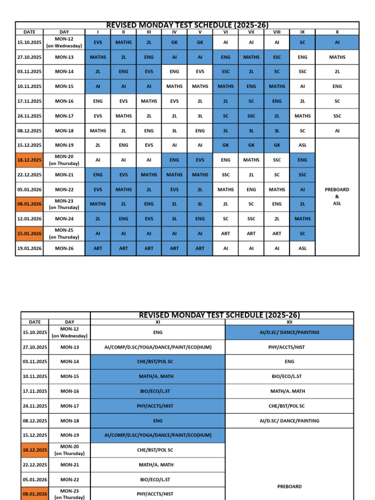 Revised Monday Test Schedule 2025-26 | PDF