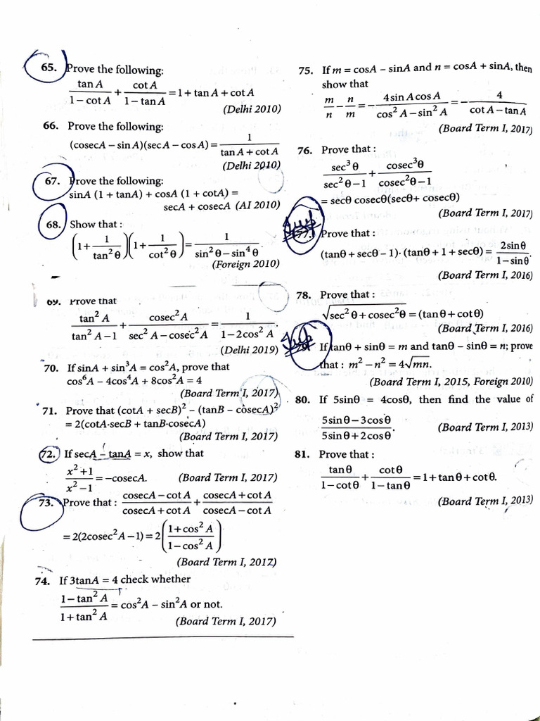 Trigonometry Important Questions | PDF | Elementary Mathematics