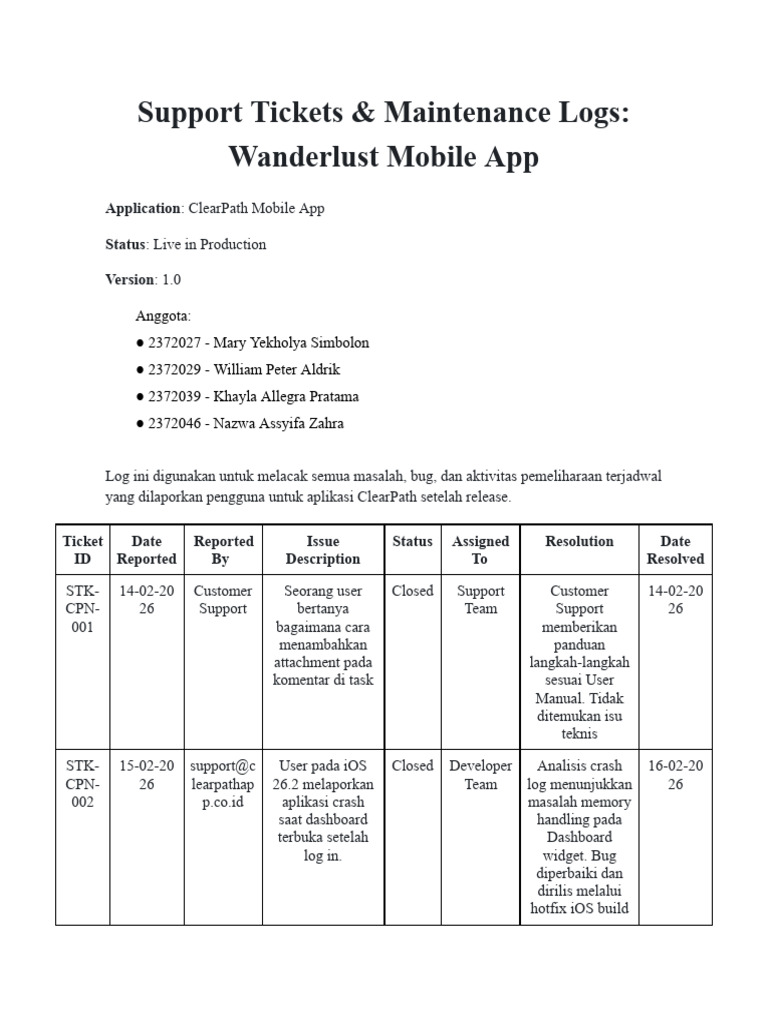 Support Tickets and Maintenance Log | PDF
