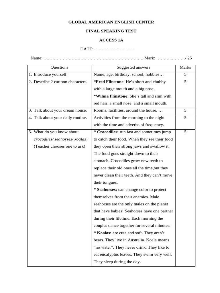 Access 1a (Modules 1 - 5) Speaking Test | PDF