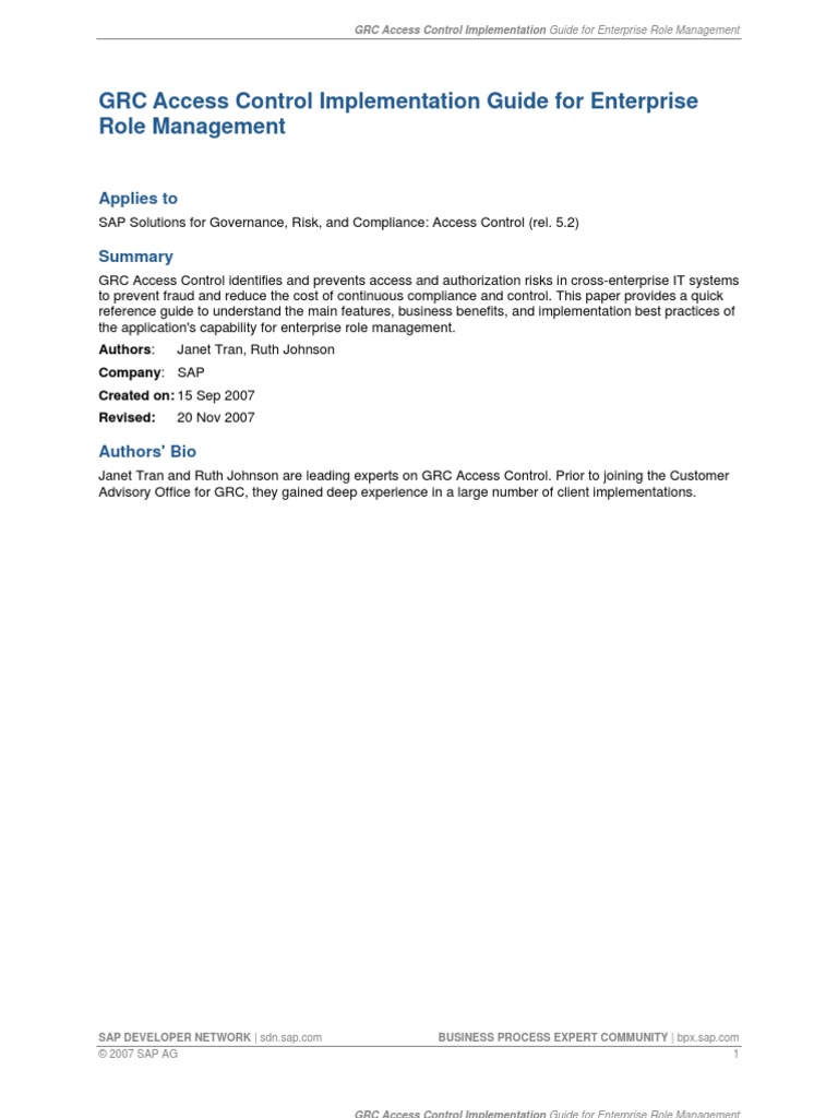 SAP GRC Access Control 5.2 Implementation Guide For Enterprise Role Management | PDF ...
