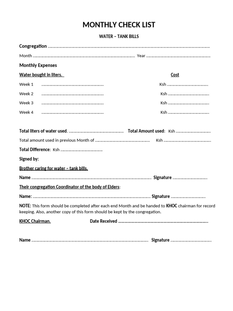1. Monthly Check List Water - Tank Bills (1) | PDF
