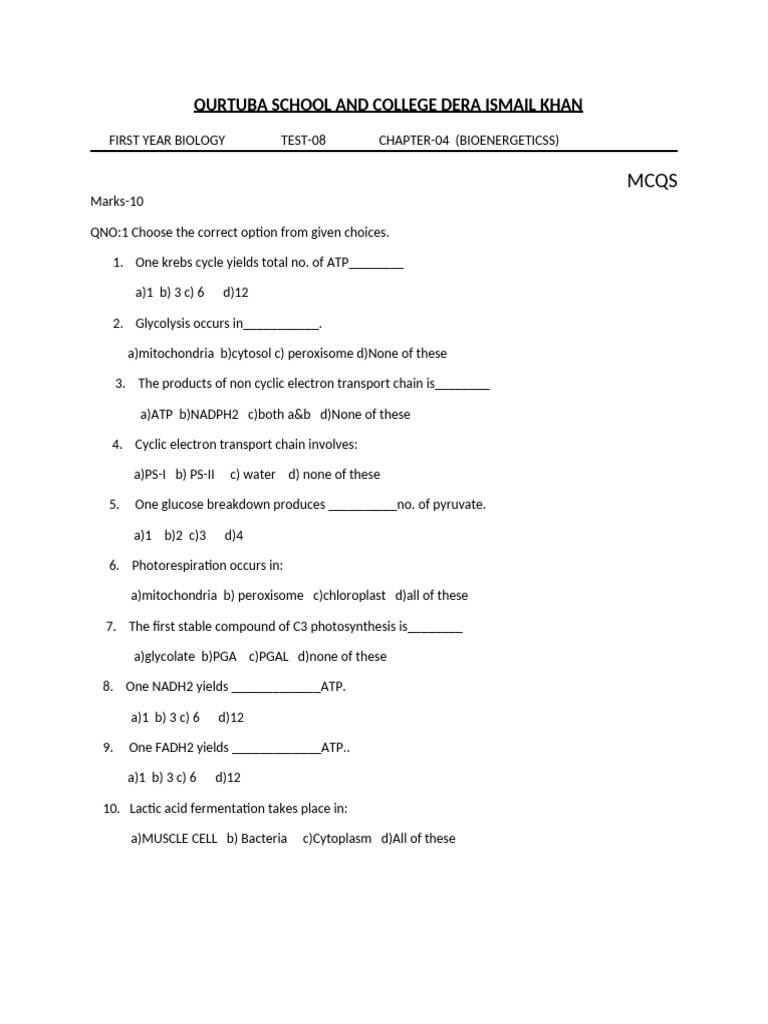Biology First Year Test-9 | PDF