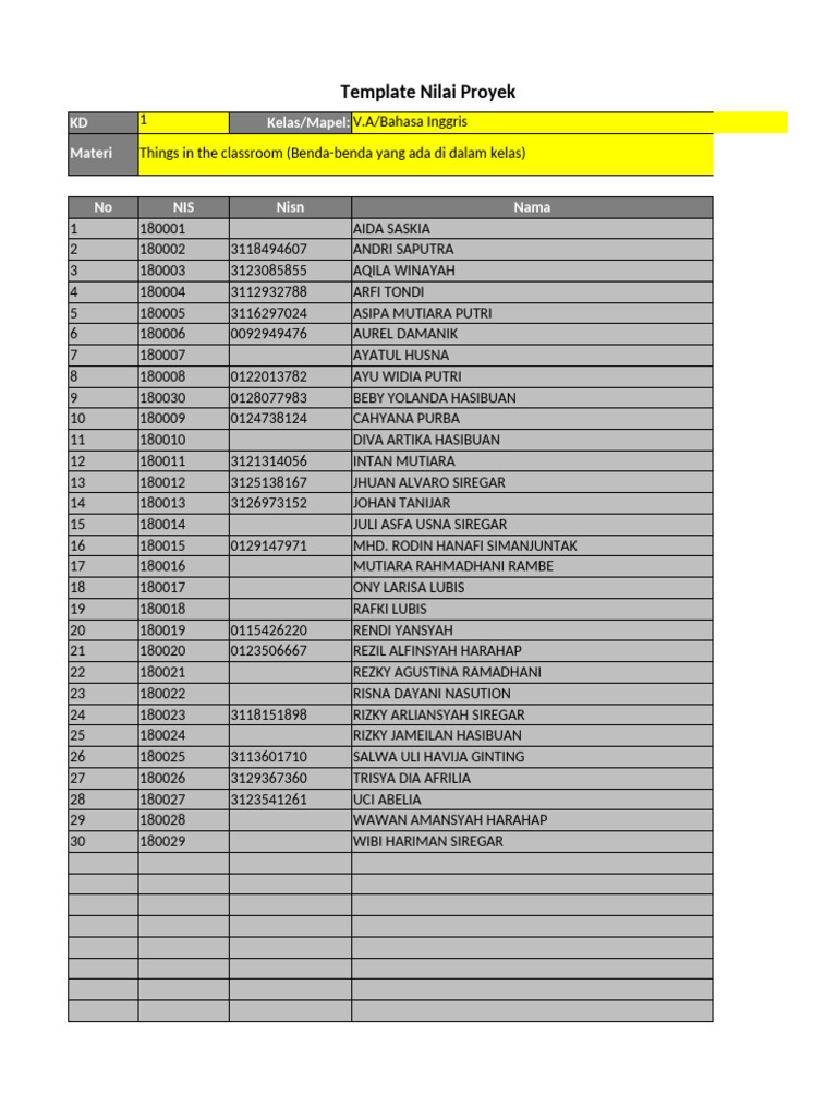 Template Nilai Proyek Bahasa Inggris | PDF