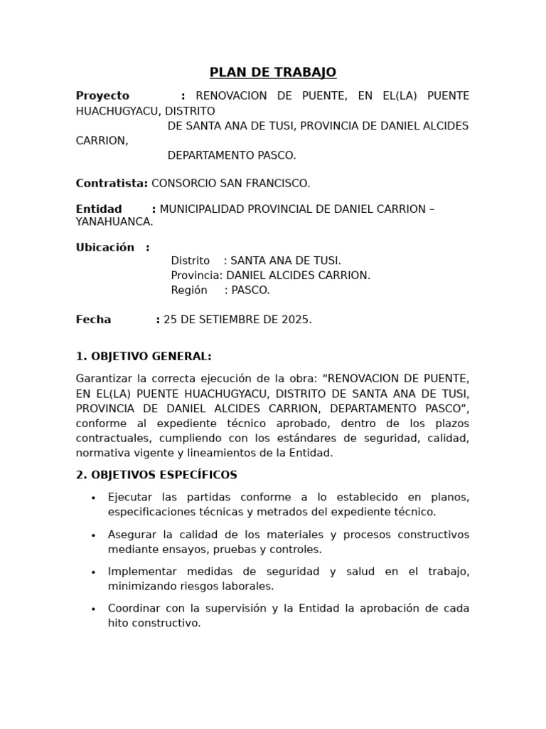 Plan de Trabajo para Renovación de Puente Huachugyacu | PDF | Hormigón ...