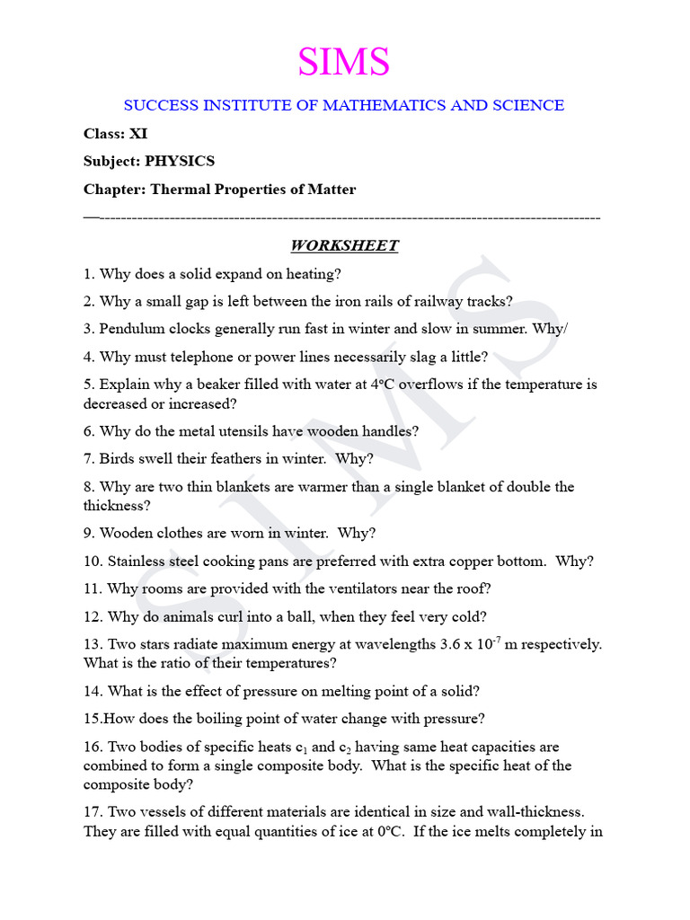 Thermal Properties of Matter Worksheet | PDF | Thermal Expansion | Heat