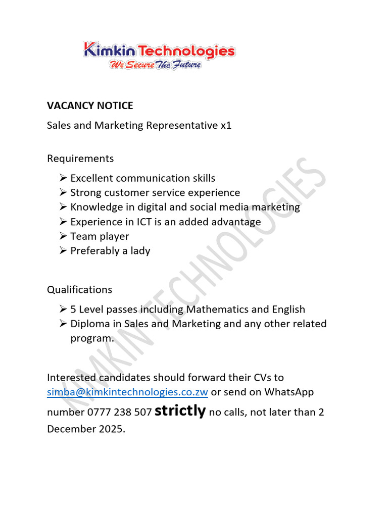 Sales and Marketing Rep Vacancy Notice | PDF