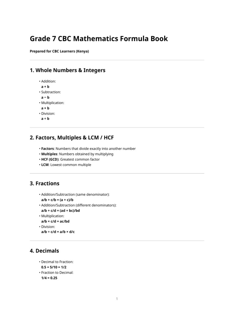 Grade 7 CBC Math Formulas Guide | PDF | Multiplication | Area