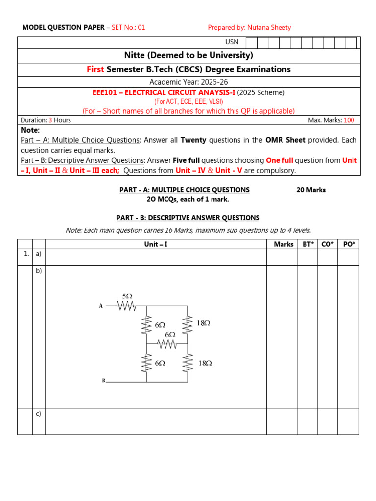 Electrical Circuit Analysis QP 2025-26 | PDF | Physical Quantities ...
