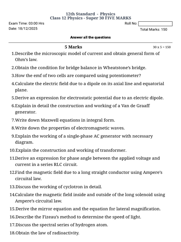Physics - Class 12 Physics - Super 30 FIVE MARKS | PDF | Magnetic Field ...