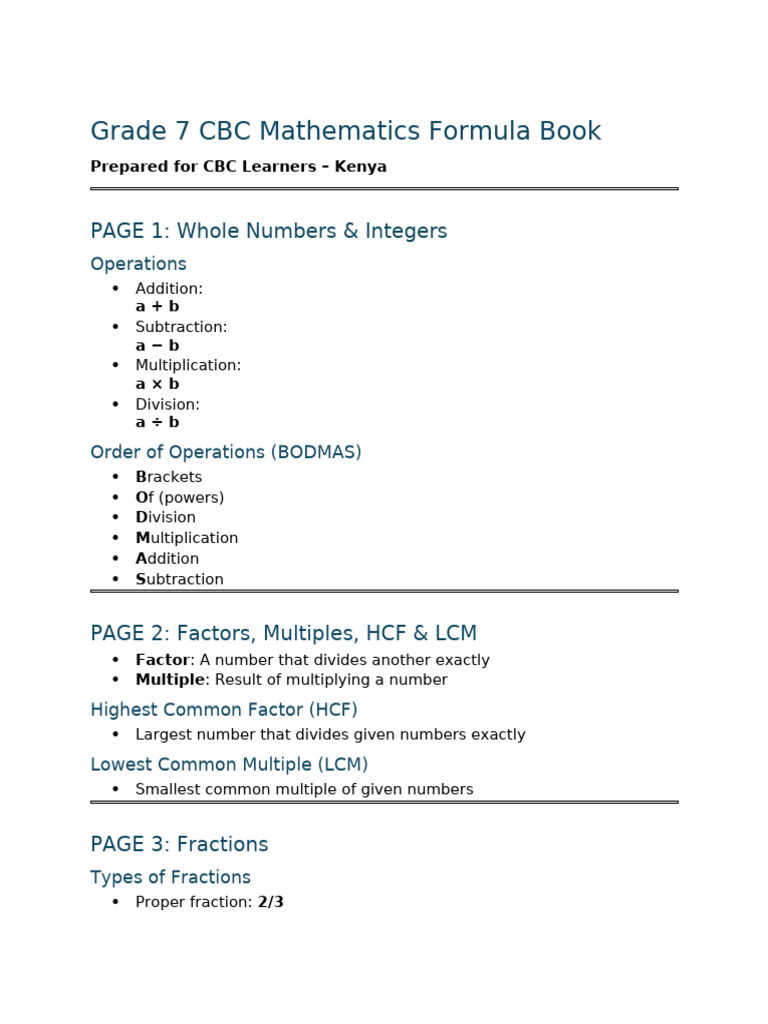 Grade 7 Cbc Mathematics Formula Book | PDF | Area | Number Theory