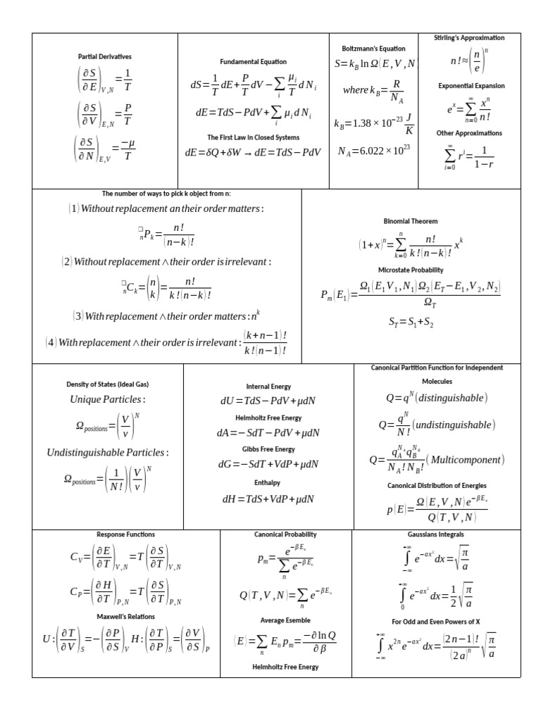 Cheat Sheet - Molecular Thermodynamics | PDF | Statistical Mechanics ...