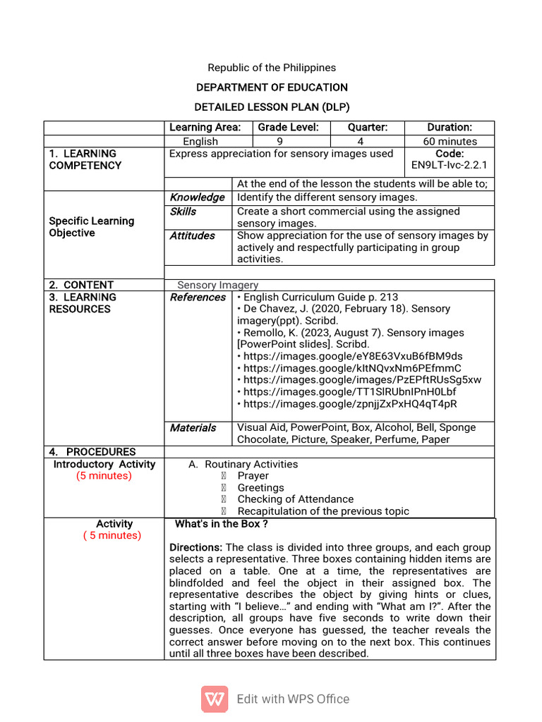 Sensory Imagery Lesson Plan for Grade 9 | PDF | Taste | Senses