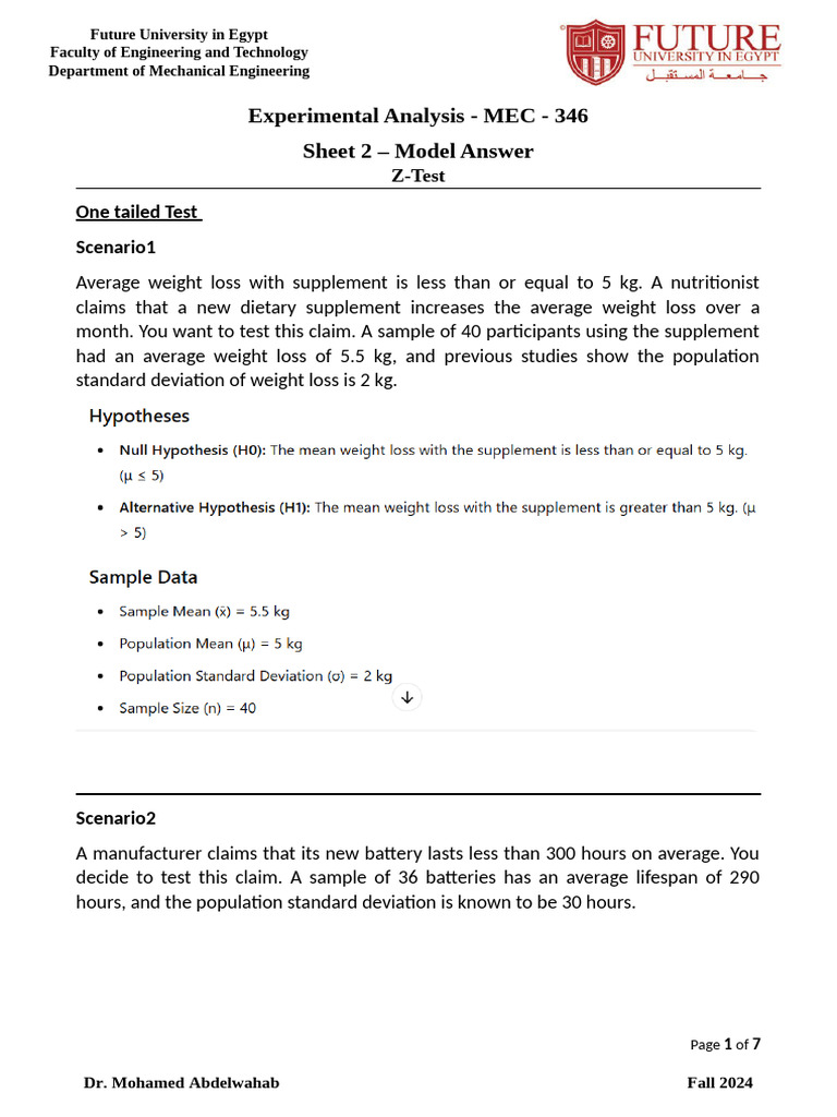 Sheet 2 - Model Answer (1) | PDF | Statistical Analysis | Teaching ...