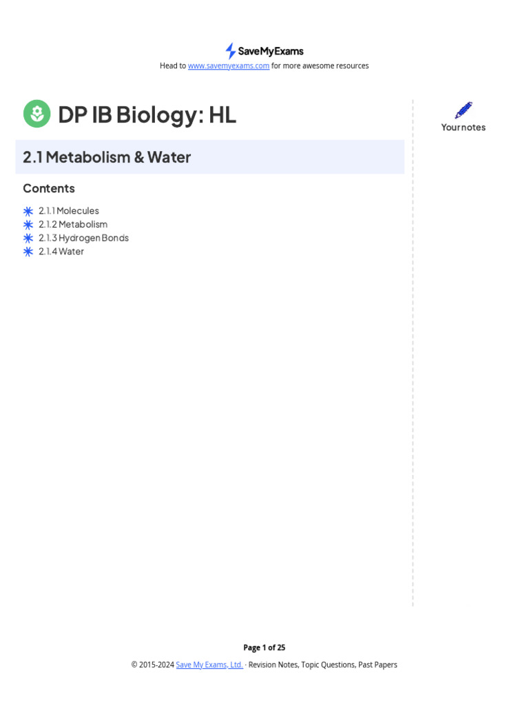 IB Biology HL: Metabolism & Water Notes | PDF | Metabolism | Water