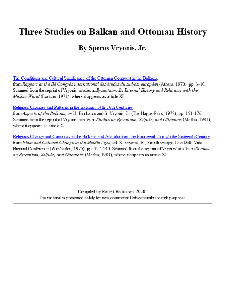 Three Studies On Balkan and Ottoman History by Speros Vryonis, Jr ...
