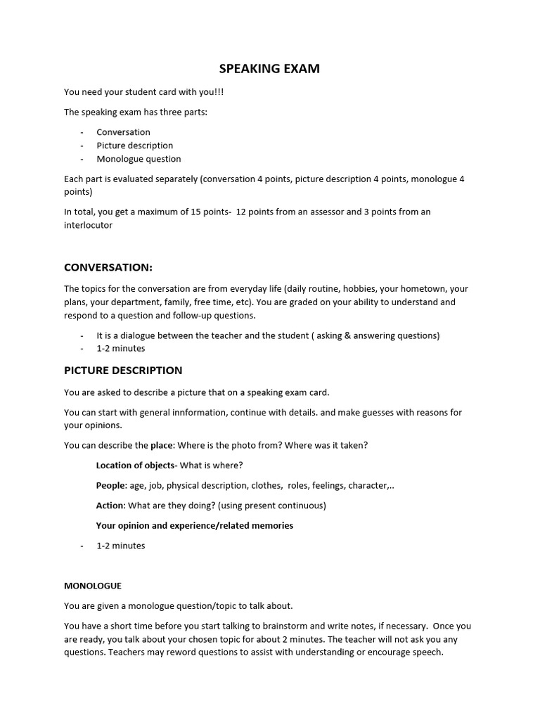 SPEAKING EXAM Instructions | PDF