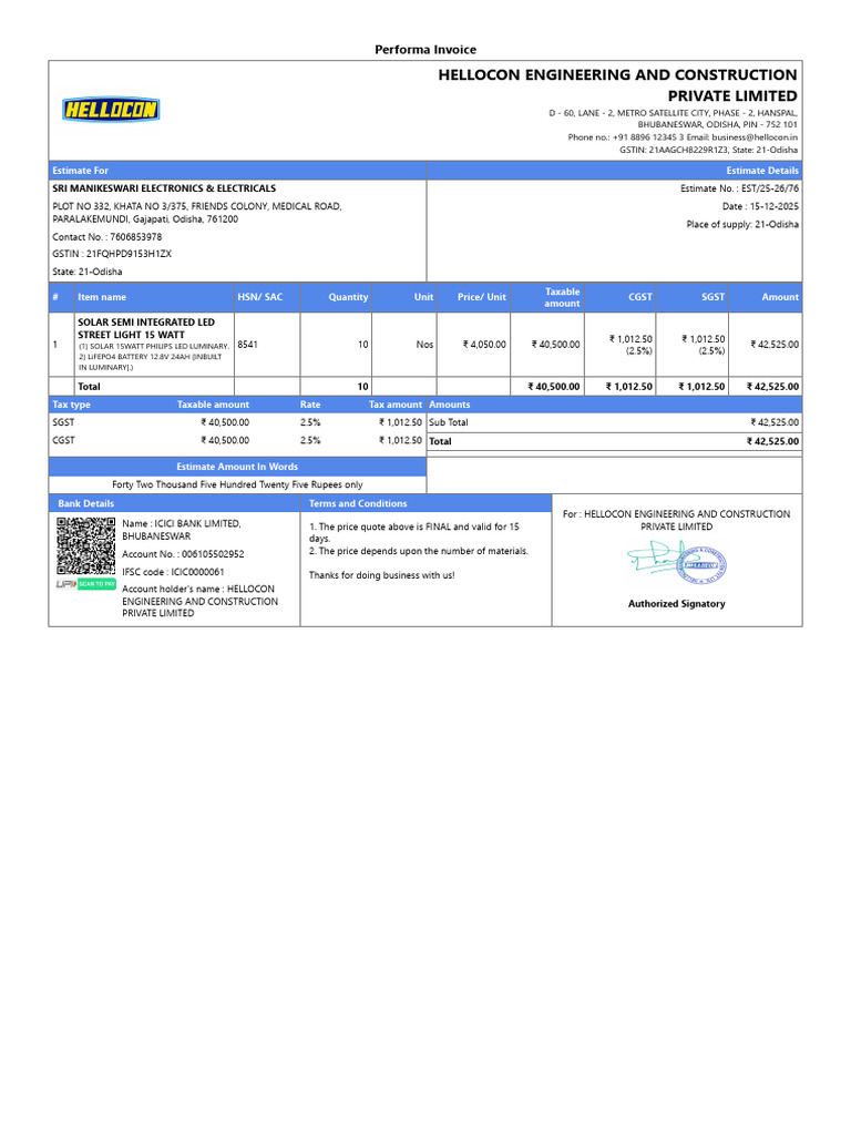 Performa Invoice - EST 25-26 76 - 15 - 12 - 25 | PDF | Payments ...