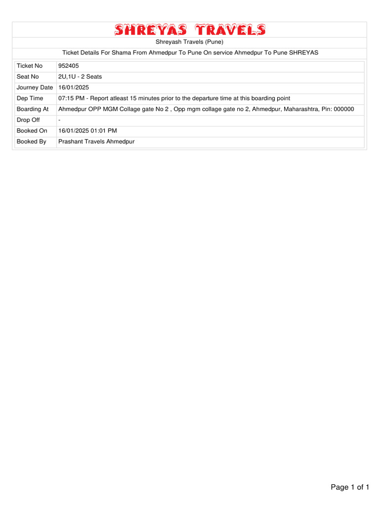 Shreyash Travels Ticket: Ahmedpur to Pune | PDF