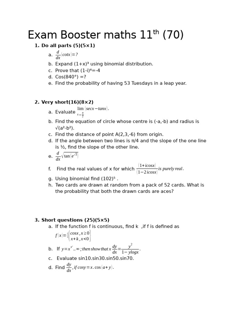11th Grade Maths Exam Booster Guide | PDF | Mathematics | Elementary ...