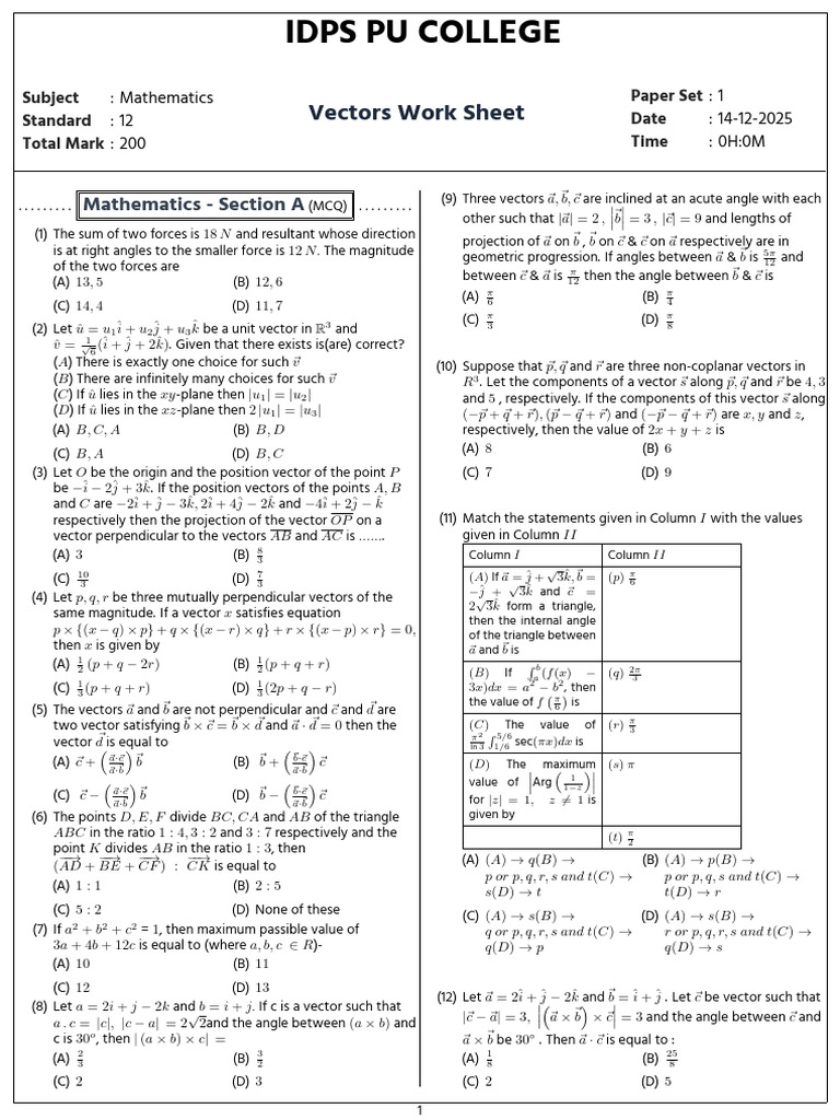 Vectors_Work_Sheet__996365_1_1765689706 | PDF | Euclidean Vector | Angle