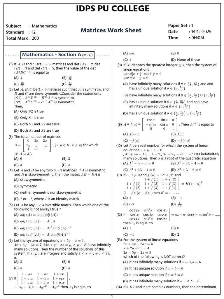 Matrices Work Sheet 996361 1 1765689569 | PDF | Matrix (Mathematics ...