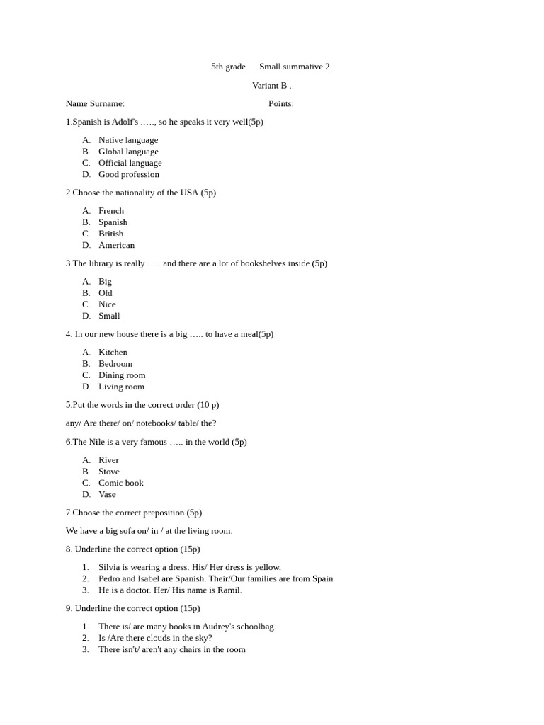 5th Grade Spanish Language Assessment | PDF