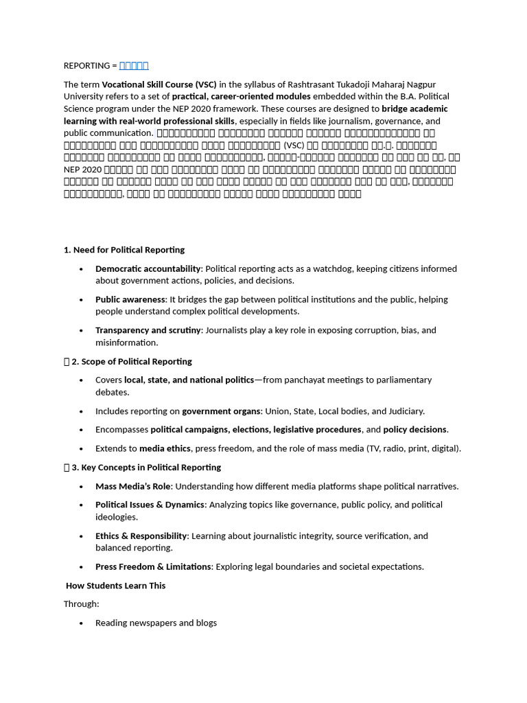 Political Reporting Skills in VSC Course | PDF | Mass Media | News
