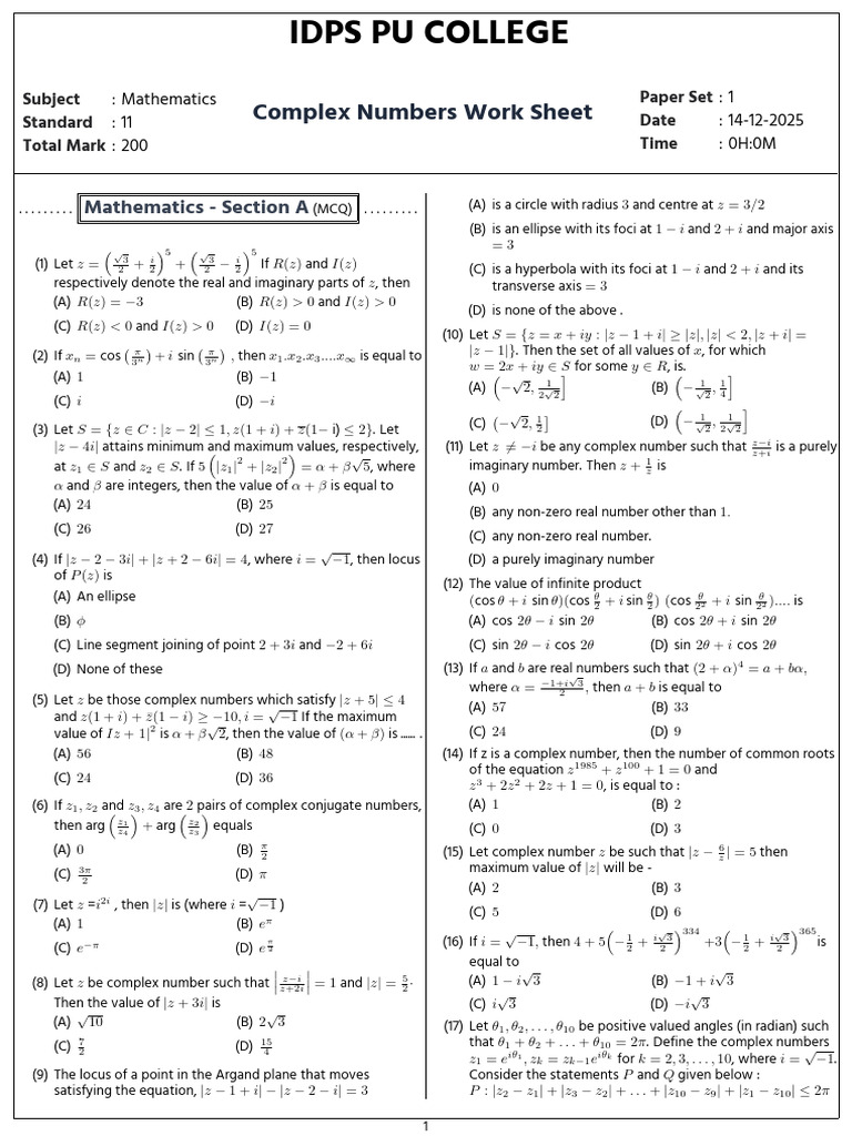 Complex Numbers Worksheet for Class 11 | PDF | Differential Geometry ...
