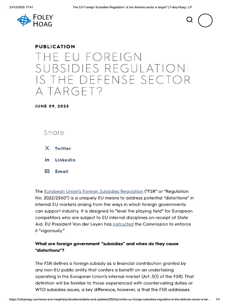 The EU Foreign Subsidies Regulation - I | PDF
