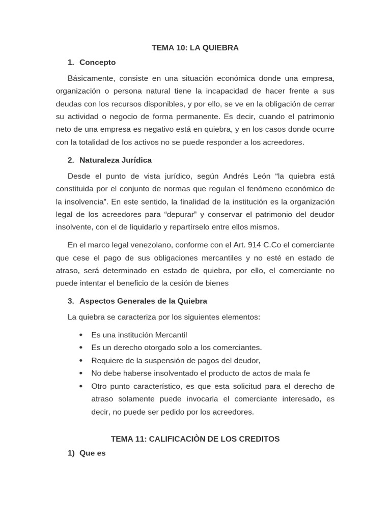 Concepto y Aspectos de la Quiebra | PDF | Bancarrota | Pagos