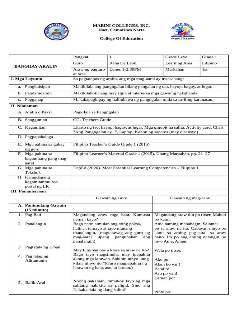 Lesson Plan For Filipino 1 PANGKAT 1 | PDF