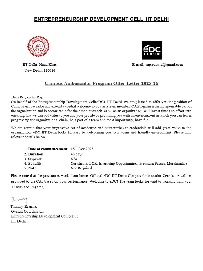 Campus Ambassador Offer Letter EDC | PDF