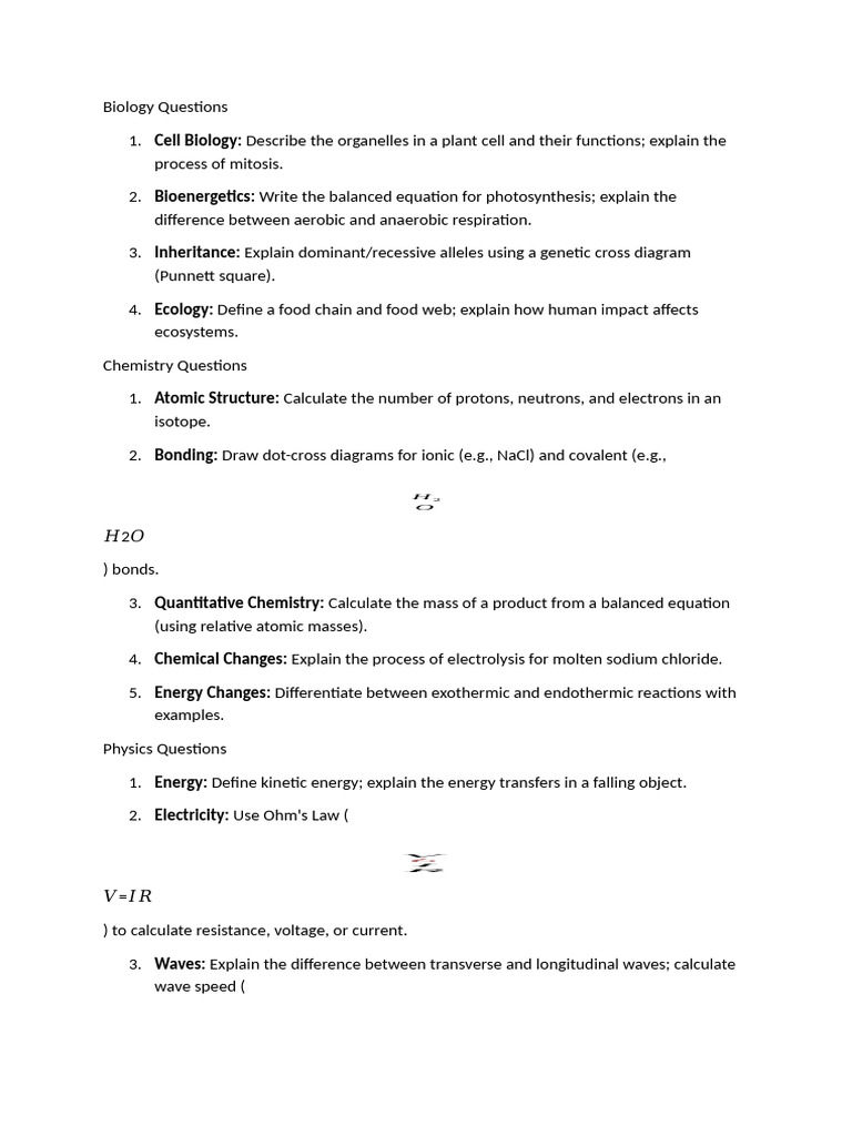 Combined Science Questions Revision | PDF
