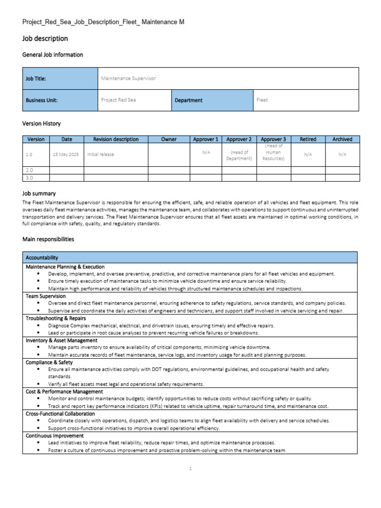 3 Project Red Sea Job Description Fleet Maintenance Supervisor-1 | PDF ...