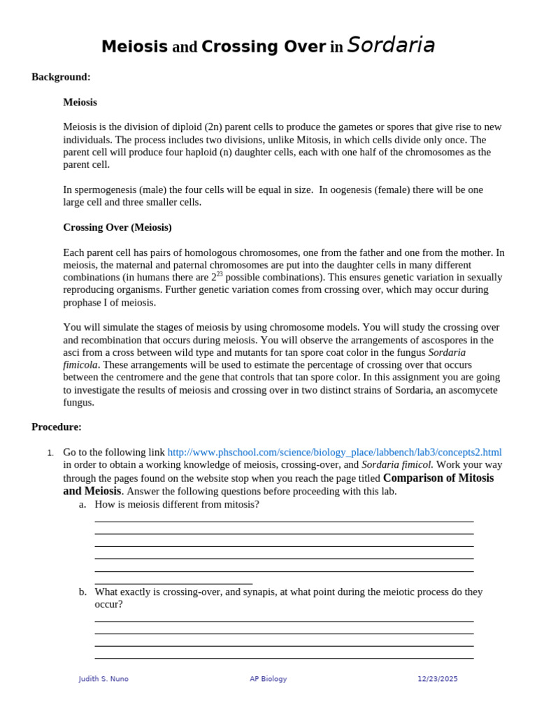 meiosis_and_crossing_over_in_sordaria | PDF | Meiosis | Ploidy