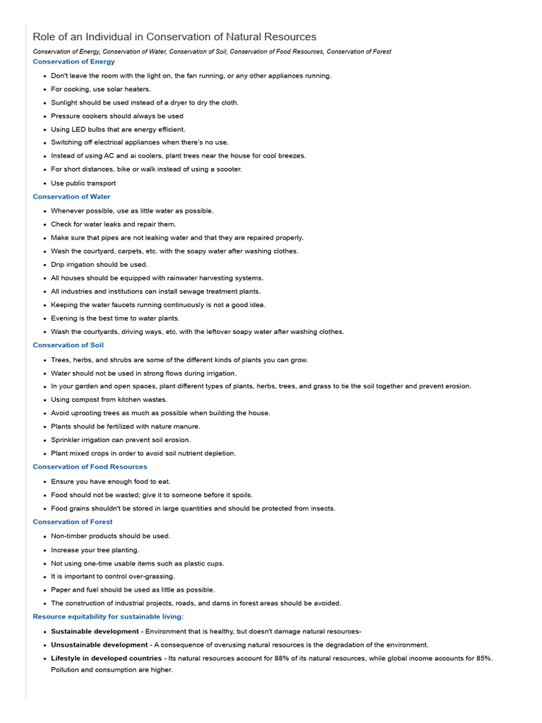 Individual Actions for Natural Resource Conservation | PDF ...