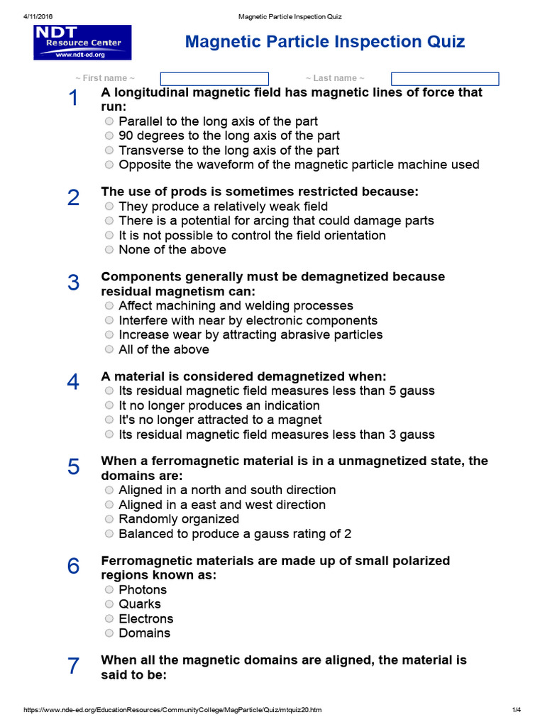 Magnetic Particle Inspection Quiz | PDF | Magnetism | Magnetic Field