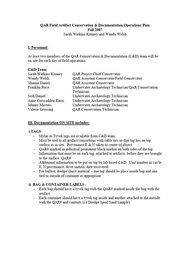 QAR Artifact Conservation Plan 2007 | PDF | Artifact (Archaeology ...