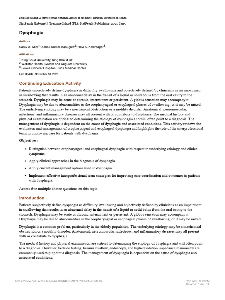 Dysphagia - StatPearls - NCBI Bookshelf | PDF | Esophagus | Medicine
