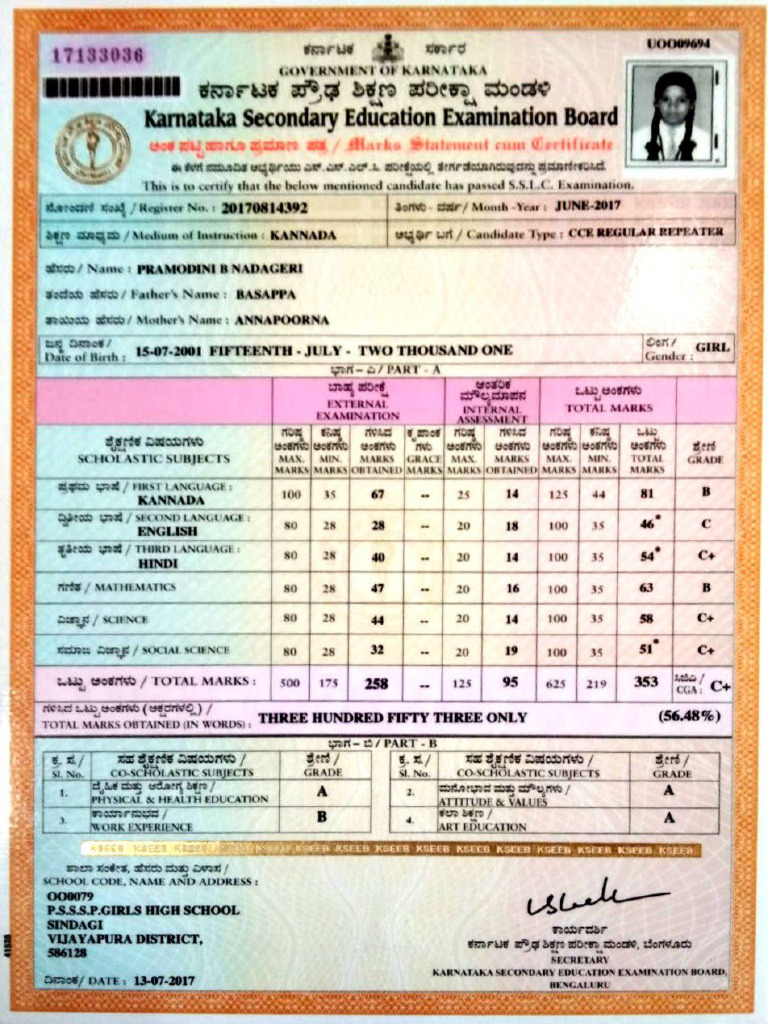 Pramodini SSLC Marks Card | PDF