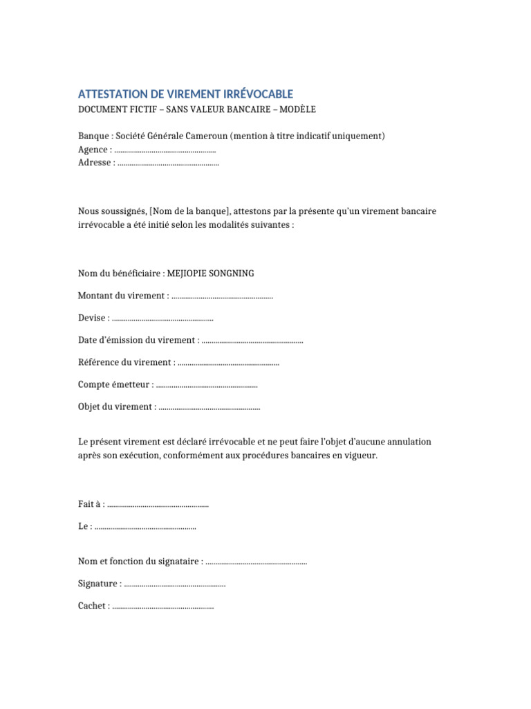 Modèle d'attestation de virement bancaire | PDF