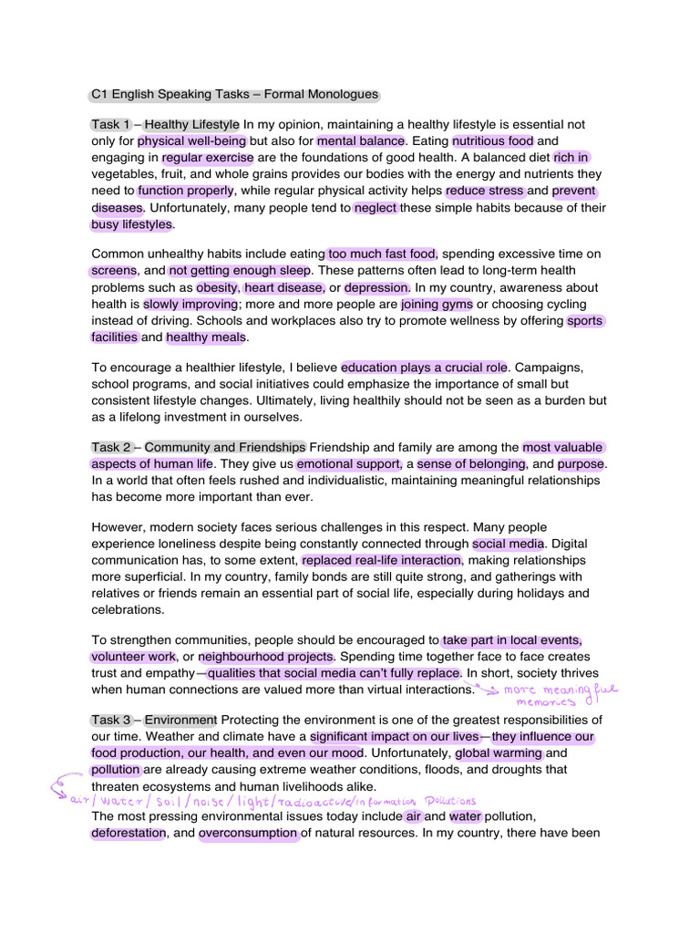 C1 English Speaking Tasks Overview | PDF